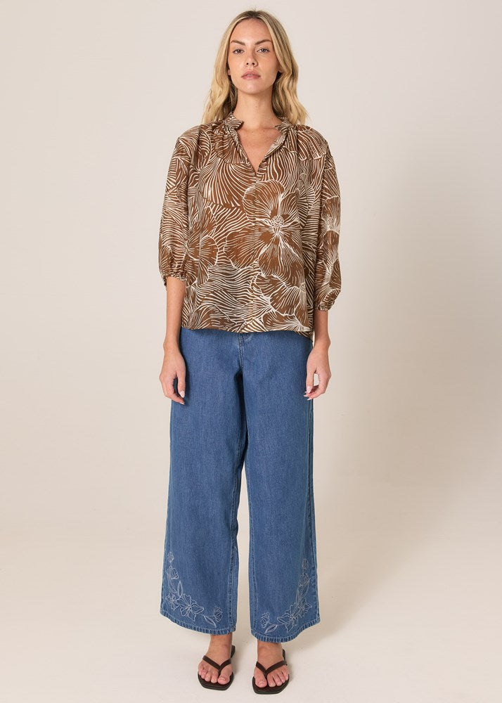 Tallulah Split Neck Blouse - Brown Petal Print – FATE+BECKER